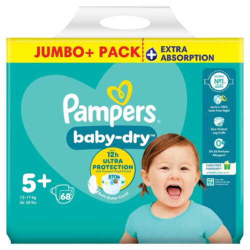 Pampers Baby-Dry Size 5+, 68 Nappies, 12kg-17kg - Dunnes Stores